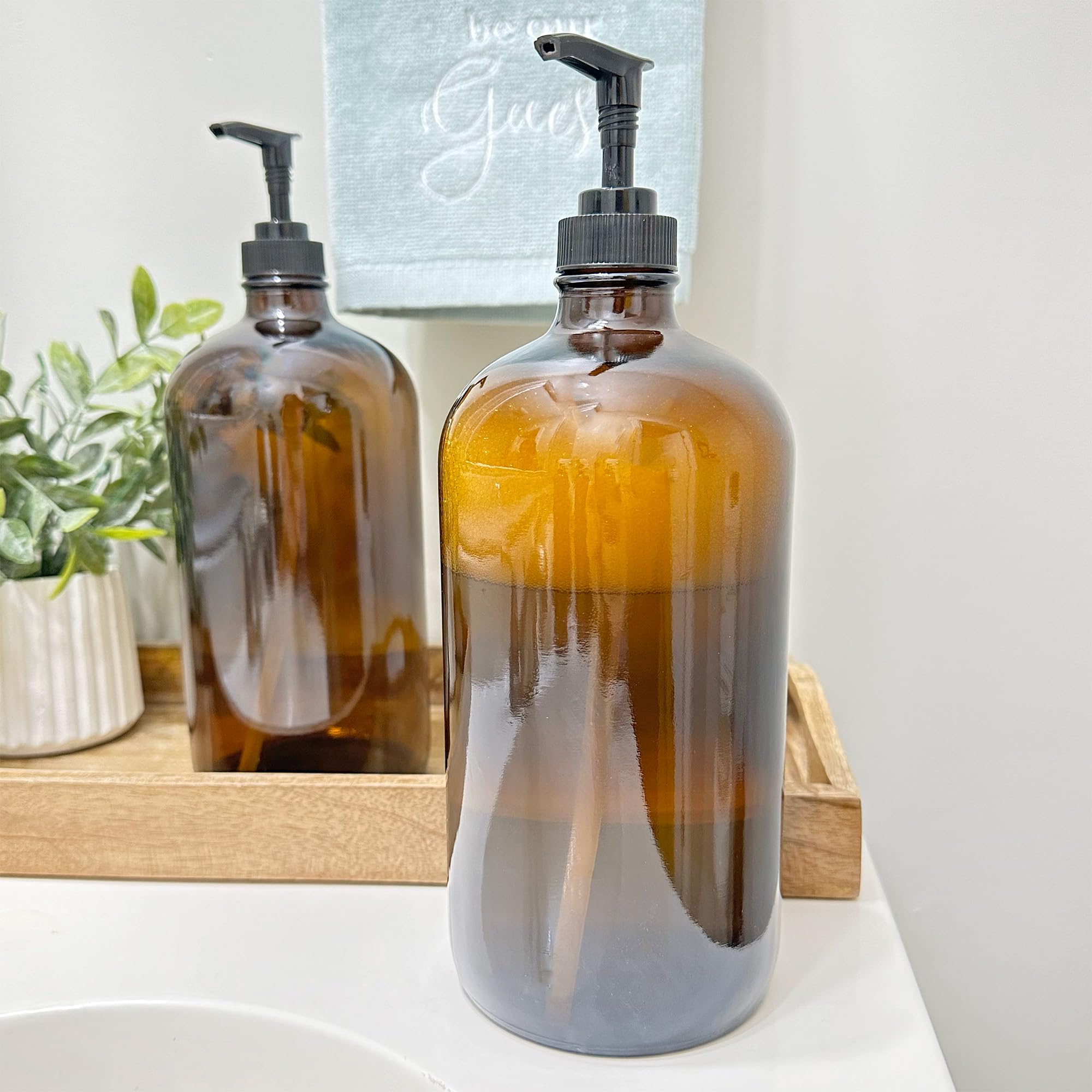 32-Ounce Amber Glass Lotion Pump Bottles (2-Pack); Quart Size Brown Bottles w/Black Plastic Locking Pump Dispensers; Includes Chalk Labels