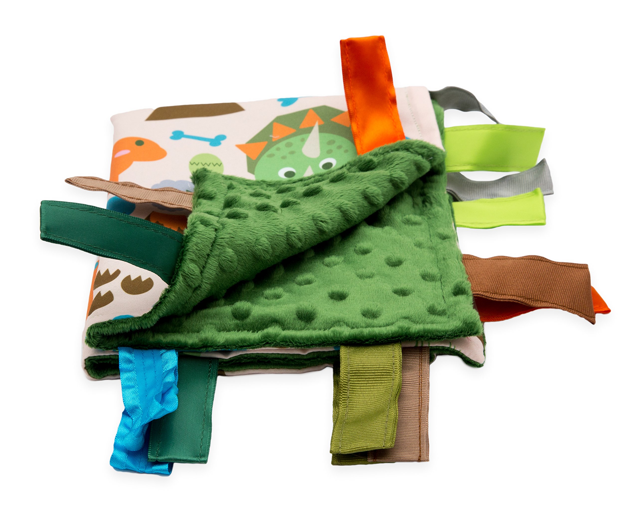 Baby Sensory, Security & Teething Closed Ribbon Tag Lovey Blanket with Minky Dot Fabric: 14X18 (Dinosaurs)