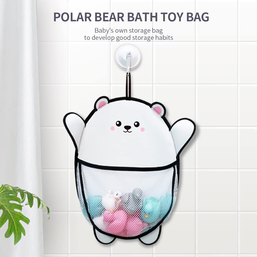 Spuddies Bath Toy Organizer Shower Caddy Cute Bear Design - for Bathroom Baby Toy Storage Quick Dry Bathtub Mesh Net Baby Toy Holder with Suction Hooks