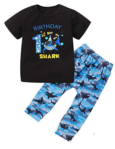 Detigee Baby Boy First Birthday Outfit Toddler Birthday Shark Pant Clothing Set (Black09,12-18 Months)