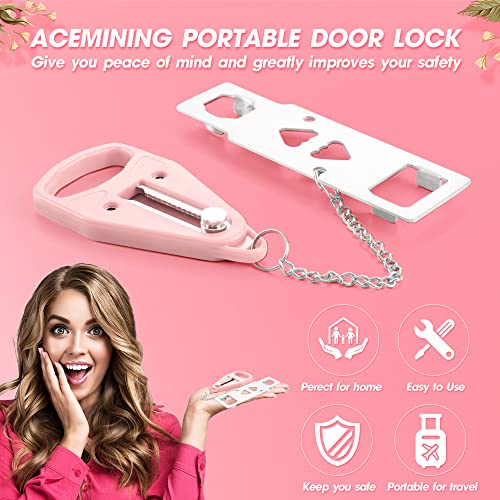 AceMining Portable Door Lock Home Security Door Locker Travel Lockdown Locks for Additional Safety and Privacy Perfect for Traveling Hotel Home Apartment College-Pink(1 Pack)