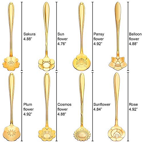 8 Pieces Flower Spoon Coffee Teaspoon Set Stainless Steel Tableware Creative Sugar Spoon Tea Spoon Stir Bar Spoon Stirring Spoon, 8 Different Patterns (Gold)