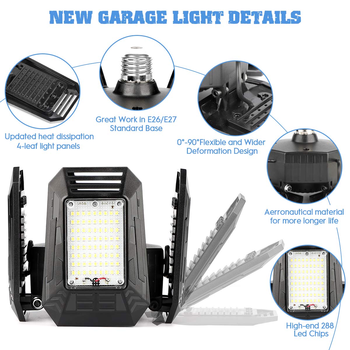 2 Pack LED Garage Lights, Deformable LED Garage Light 120W 15000LM 6500K Shop Lights with 4 Adjustable Panels for Workshop Basement Warehouse Residential High Bay Light Support E26/E27 Screw Socket