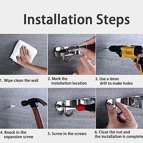 2 Packs Broom and Mop Holder Wall Mounted Garage Organizer Storage Tool Racks Heavy Duty Stainless Steel Mop Holder 4 Hooks 3 Clips, Holds up to 14 Tools for Laundry Room Garden Garage Closet Kitchen
