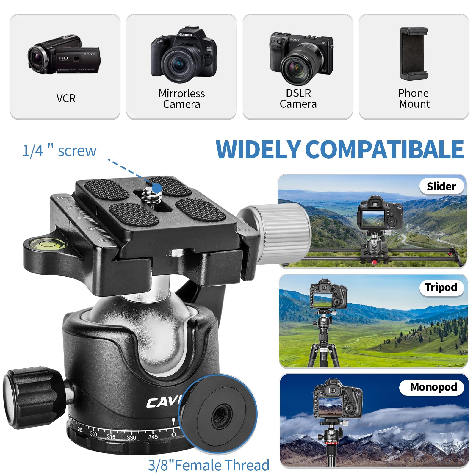 Ball Head Mount, CAVIX 36mm Ball Head Camera Tripod Head with 1/4β Arca Swiss Quick Release Plate for Tripod, Monopod, DSLR, Camera,Load 33lb/15kg