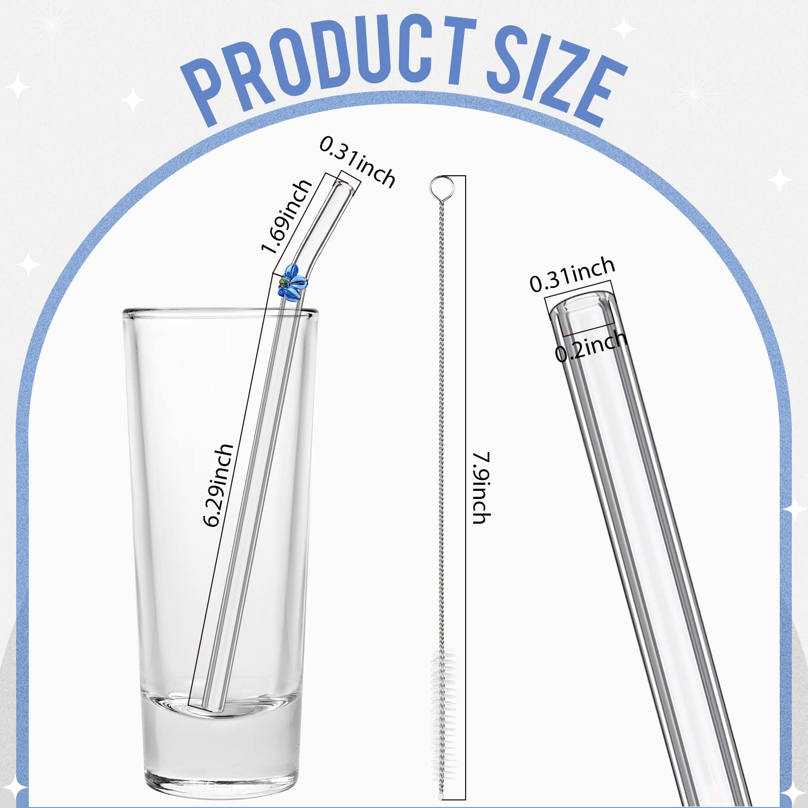 16 Pieces Reusable Glass Straw with Flower Cute Colorful Glass Straws with Design 7.87 x 0.31" Shatter Resistant Bend Straws and Cleaning Brush for Cocktail Hot or Cold Drinks