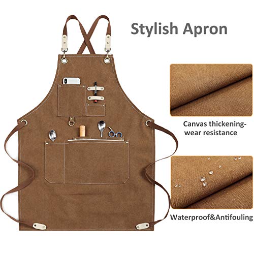 Mactso Chef Apron Water Resistant Canvas Cross Back Adjustable Apron for Men Women(Coffee)