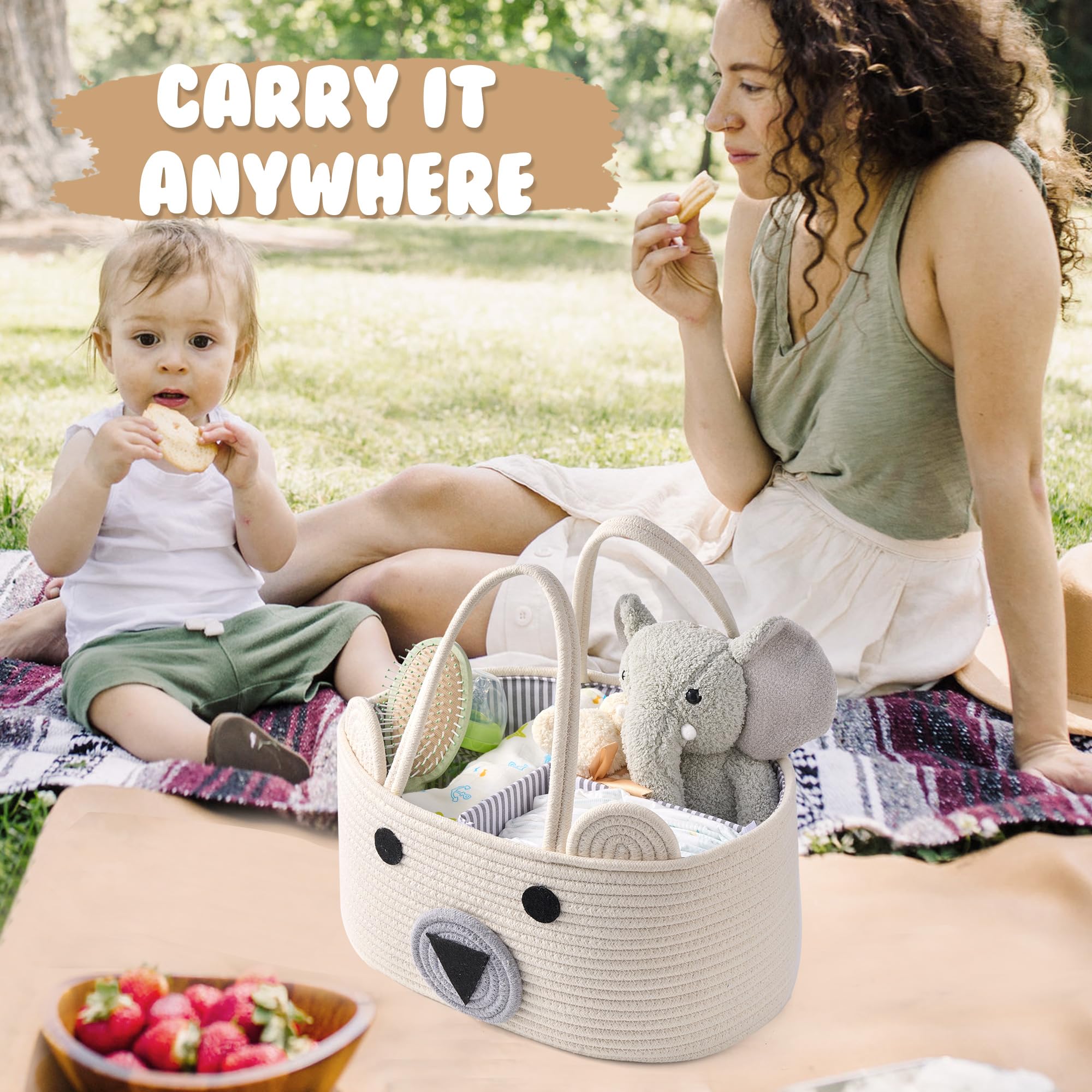 InfiBay Baby Diaper Caddy Organizer, Baby Nursery Storage with Removable Dividers and Sturdy Handles, Cute Bear Basket, Cotton Rope Baby Basket, Portable Diaper Storage Basket