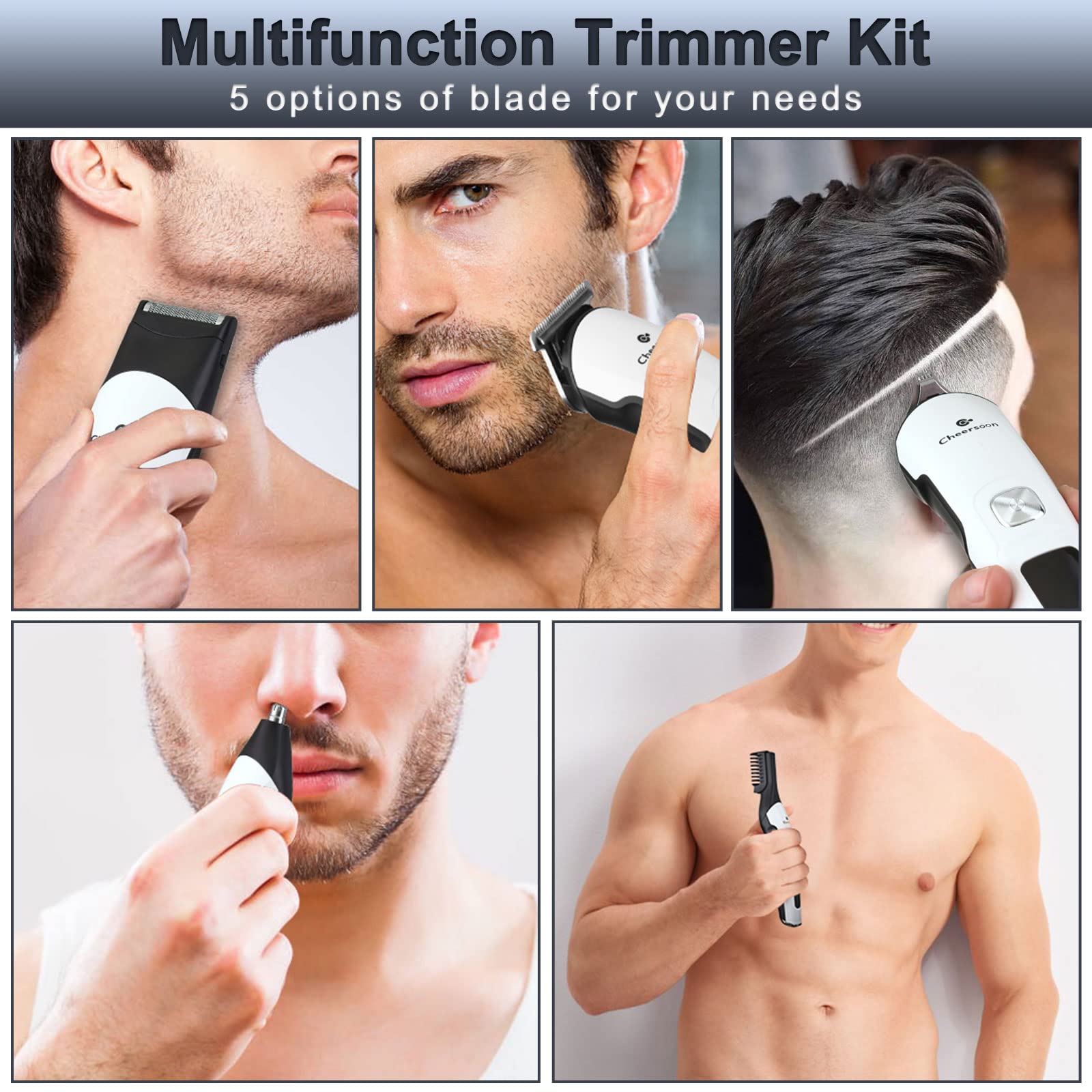 Beard Trimmer for Men, Nose Hair & Ear Trimmer, Cheersoon Electric Cordless Hair Clippers for Men, LED Display, IPX7 Waterproof Mens Grooming Kit