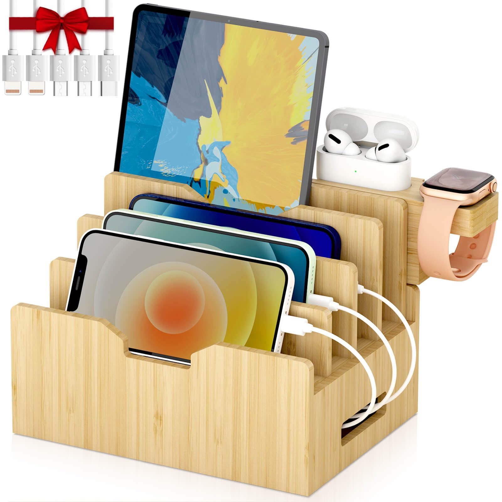 Bamboo Charging Station for Multiple Devices with Integrated Watch & Earbuds Stand, Desktop Charging Docking Station Organizer for Cell Phone, Tablet, 5 Charging Cables Included(No Power Supply)