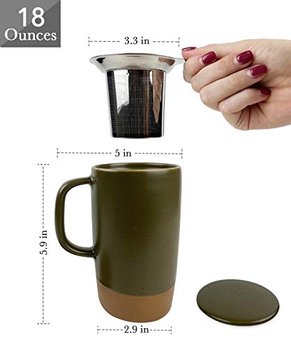 Mora Ceramics Large Tea Mug with Loose Leaf Infuser and Ceramic Lid, 18 oz, Portable, Microwave and Dishwasher Safe, Tall Coffee Cup - Rustic Matte Ceramic Glaze, Modern Herbal Tea Strainer, Olive