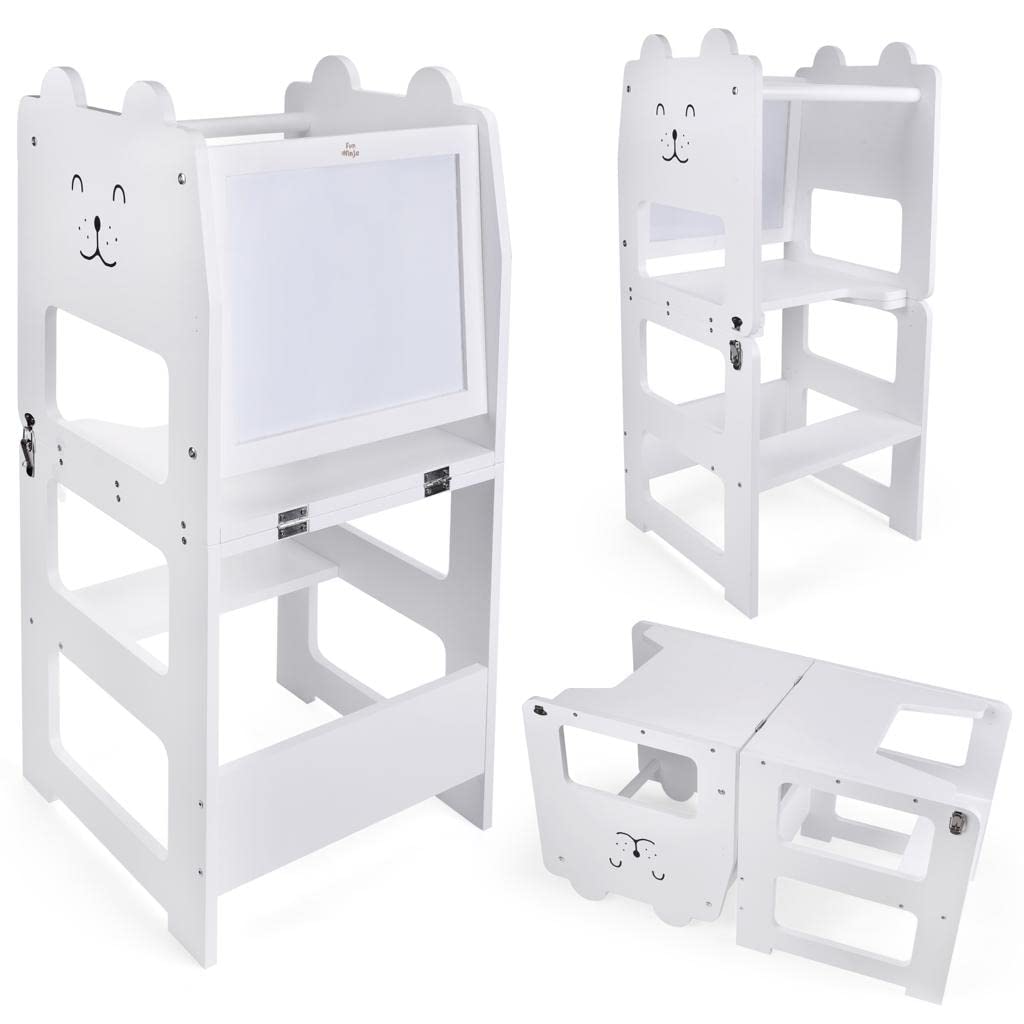 4-in-1 [Fun Ninja] Toddler Kitchen Step Stool for Children and Toddlers, Whiteboard & Art Desk, Safety Rail Tower for Kids, Parent Assistant Stepping Stool (White, Bundle)