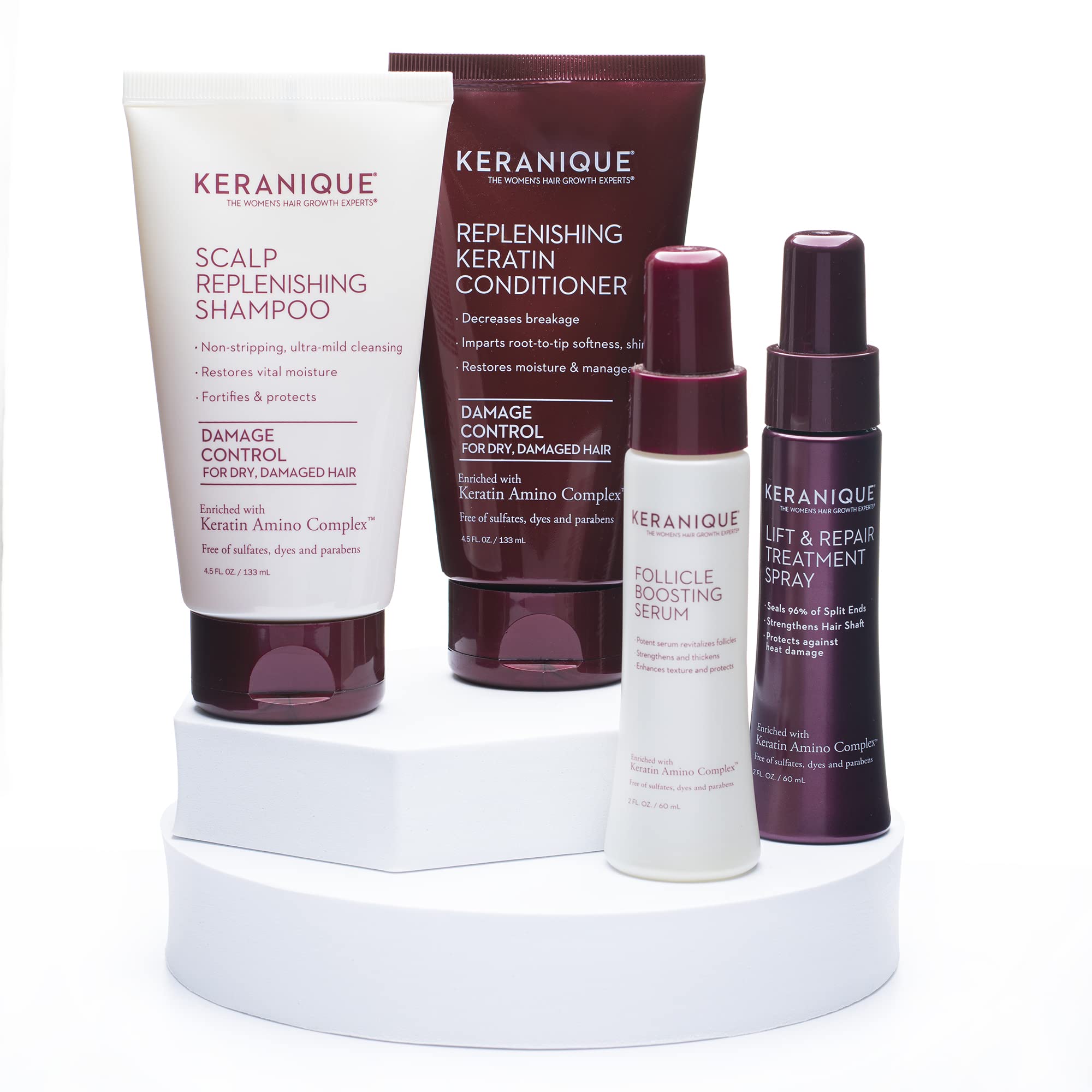 Damage Control Hair Growth System by Keranique includes Keratin Shampoo, Conditioner, Follicle Boosting Hair Growth Serum and Instant Volume Lift and Repair Treatment Spray Paraben Sulfate Free