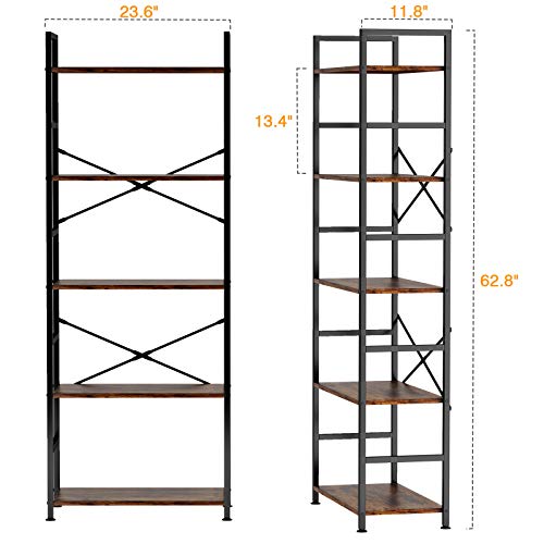 CosyStar 5-Tier Tall Bookcase, Rustic Wood and Metal Standing Bookshelf, Industrial Vintage Book Shelf Unit, Open Back Modern Office Bookcases
