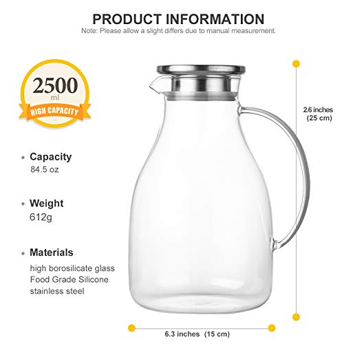 85 Ounces Glass Pitcher with Filter Lid/Water Carafe for Homemade Juice & Iced Tea,Stovetop SafeĀ Beverage Jug