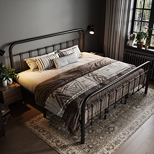 Allewie King Size Metal Platform Bed Frame with Victorian Style Wrought Iron-Art Headboard/Footboard, No Box Spring Required,Black