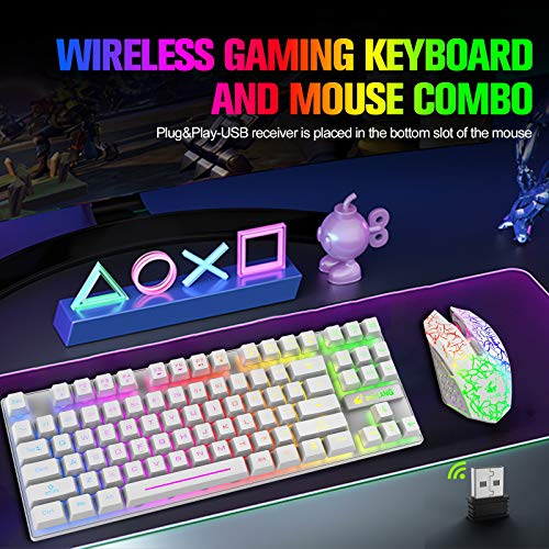 Wireless Gaming Keyboard Mouse and Wrist Rest Set with 87 Key Rainbow Backlight Rechargeable 3800mAh Battery Mechanical Feel Anti-ghosting Ergonomic Waterproof Mute Mice for PC Mac Gamer (White Mix)