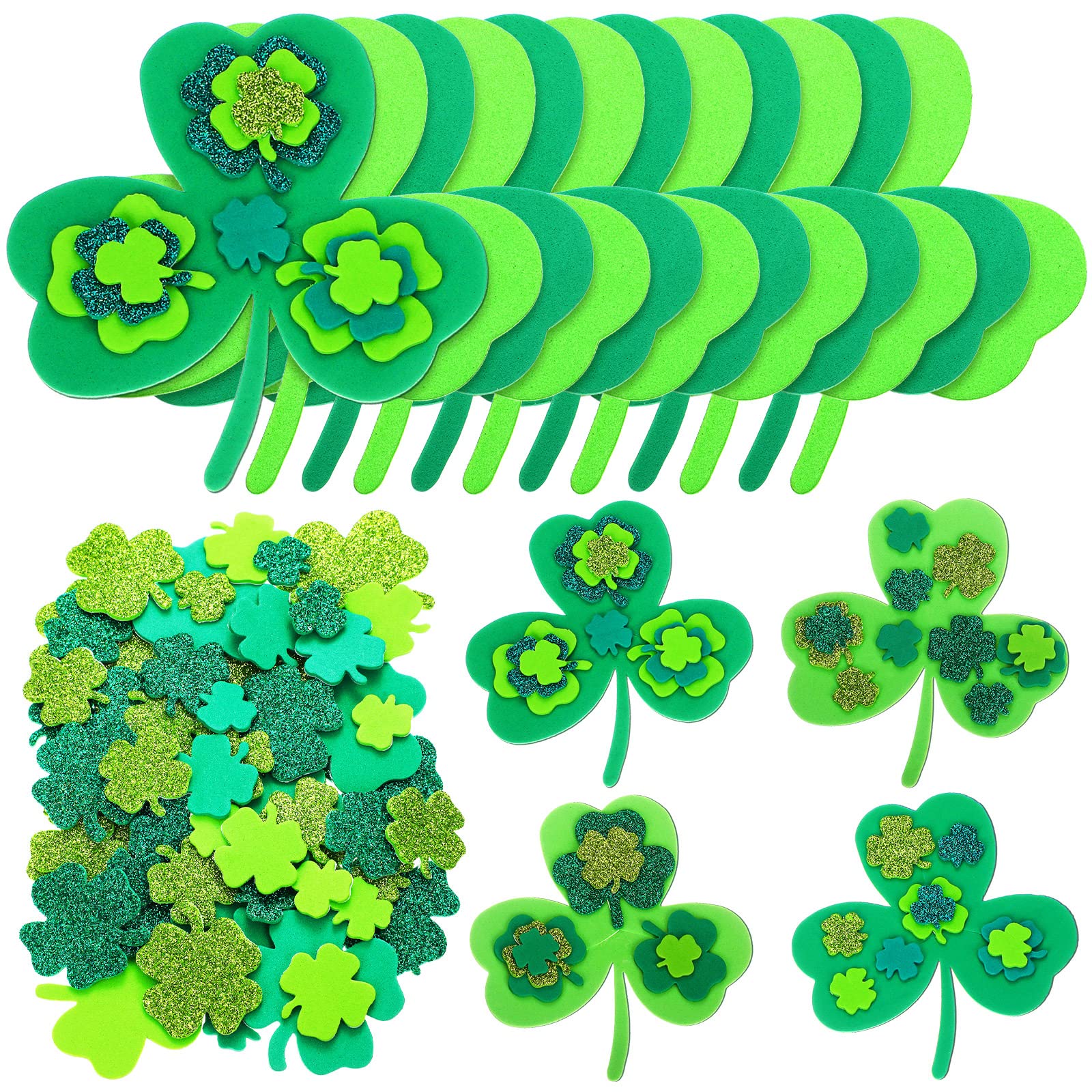 428 Pieces St. Patrick's Day Craft Shamrock Foam Stickers Supplies Glitter Shamrocks Stickers Self Adhesive Foam Clover Stickers for DIY Kids Toddlers Adults Party Favors