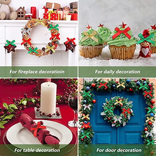 200 Pieces Christmas Tiny Bows Mini Christmas Bows Satin Ribbon Bows Mini Craft Ribbon Wreaths Bows for Sewing DIY Craft Wedding Decoration (Red, Green, Silver)