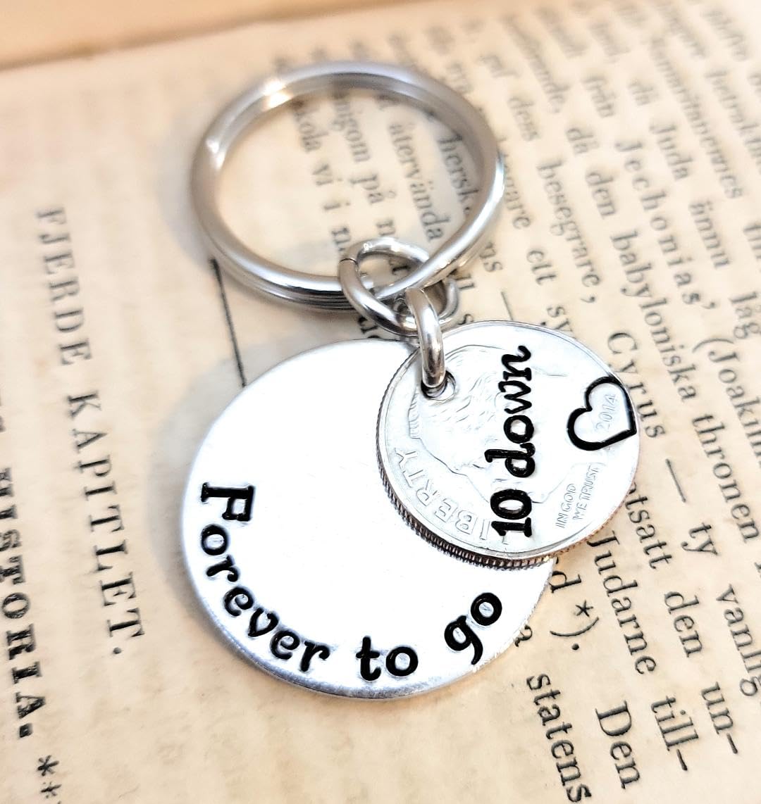 10 Down and Forever To Go 10th Year Anniversary Gift Key Chain with a 2014 Dime and Silver Aluminum Charm