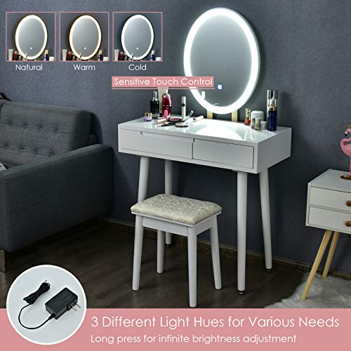 CHARMAID Vanity Set with Lighted Mirror, 3 Modes Adjustable Brightness Mirror, Makeup Dressing Table with Cushioned Stool, 2 Sliding Drawers with Divider, Modern Bedroom Vanity for Girls Women (White)