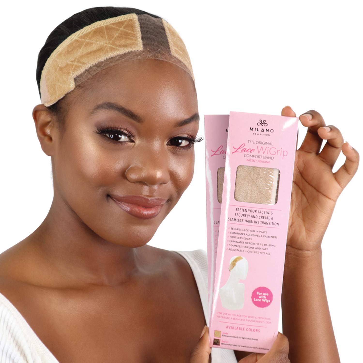 MILANO COLLECTION Wigrip, Premium Lace Wig Band for Women, Fully Adjustable & Reinforced Lace Wig Grip Band by Hairline, Comfortable and Secure Glueless Velvet Headband, Nude, 2 Pack