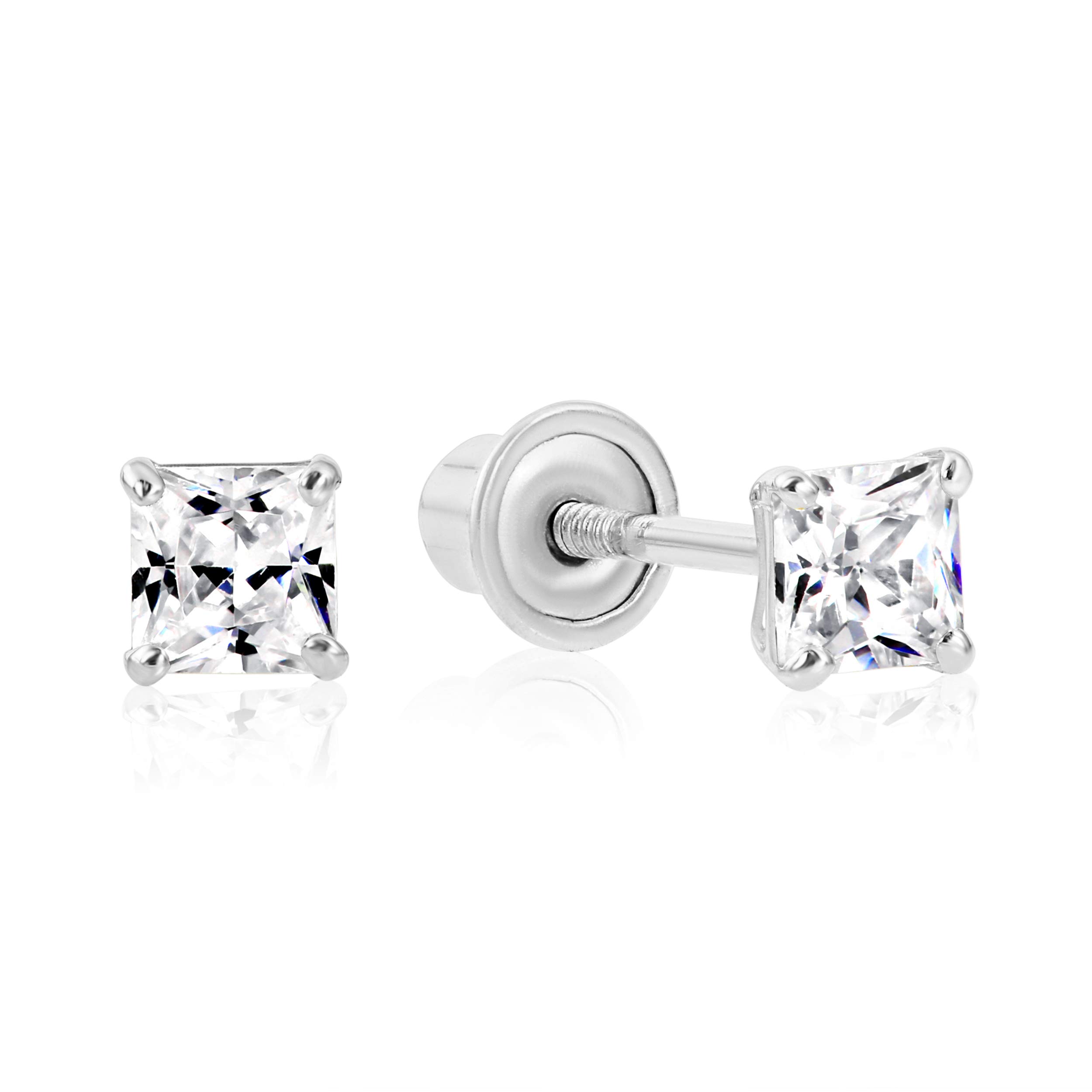 14k White Gold Solitaire Square Princess-cut CZ Stud Earrings with Secure Screw-backs (3mm)âŚ