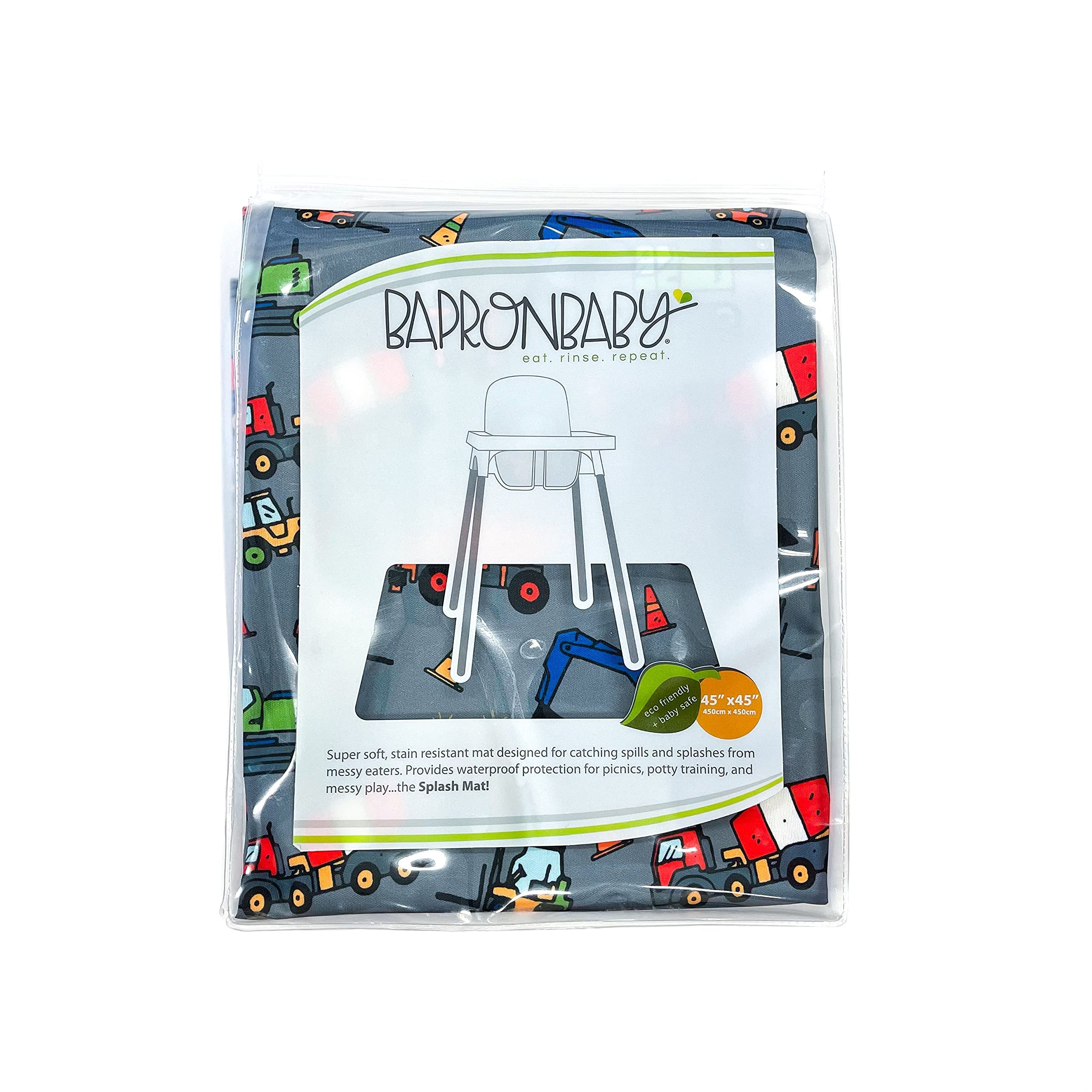 BapronBaby Construction Zone Splash Mat - Waterproof Catch-All for Under High Chairs, Floors, Tables, Playtime or Arts & Crafts - Machine Washable - 45" x 45”