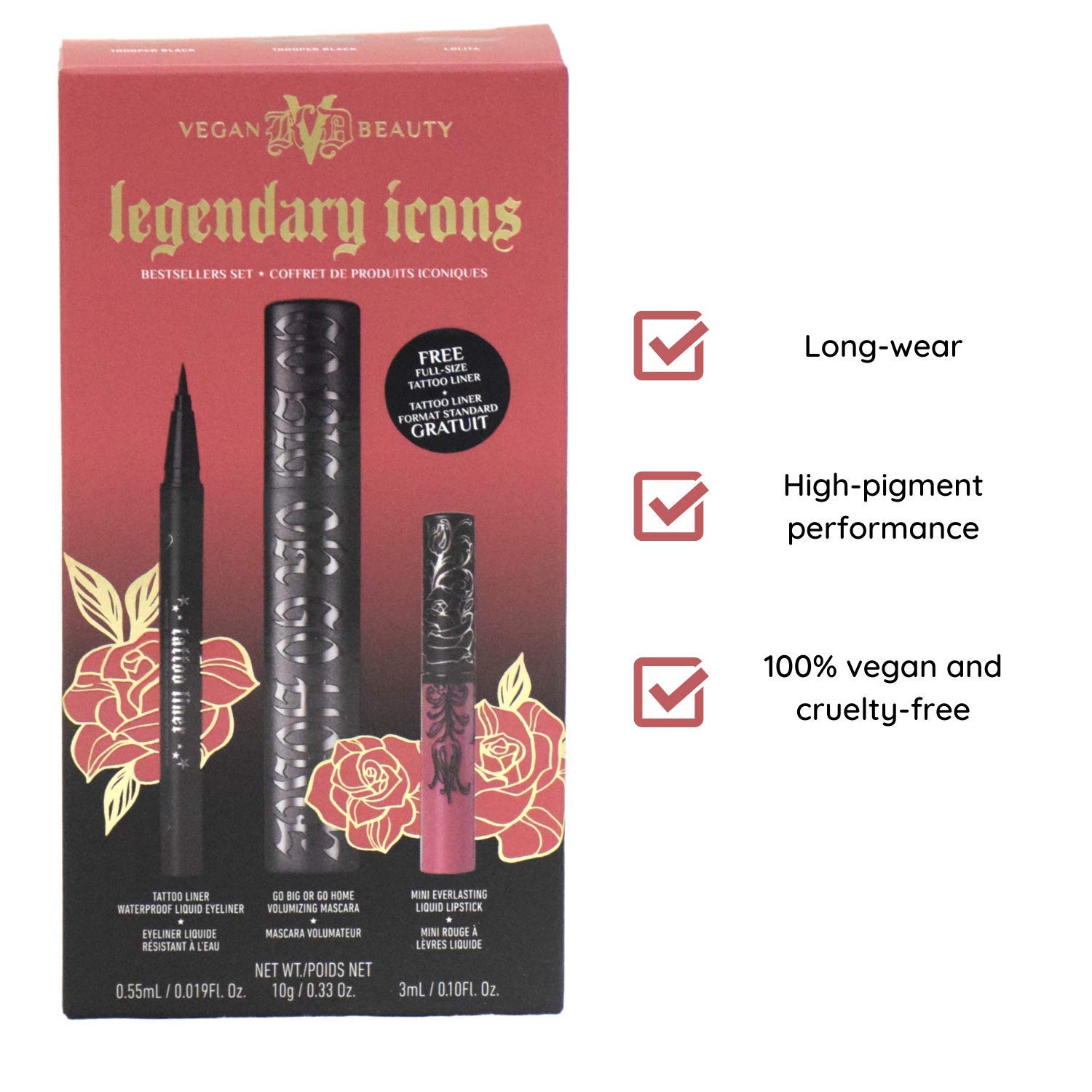 Kat Von D Legendary Icons Set Includes Full Size Mascara + Full Size Tattoo Liner + Lolita Liquid Lipstick Mini