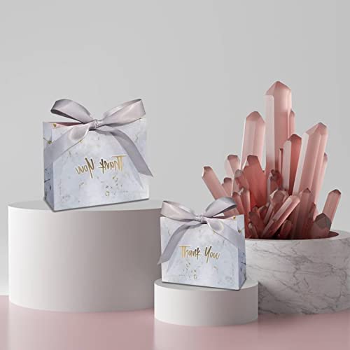 CheeseandU 24Pack Small Thank You Gift Bag Boxes Marble Pattern with Bowknot Decor Thank You Paper Bag for Wedding Baby Shower Thanksgiving Xmas Party Favor Candy Boxes, 4.5" Grey
