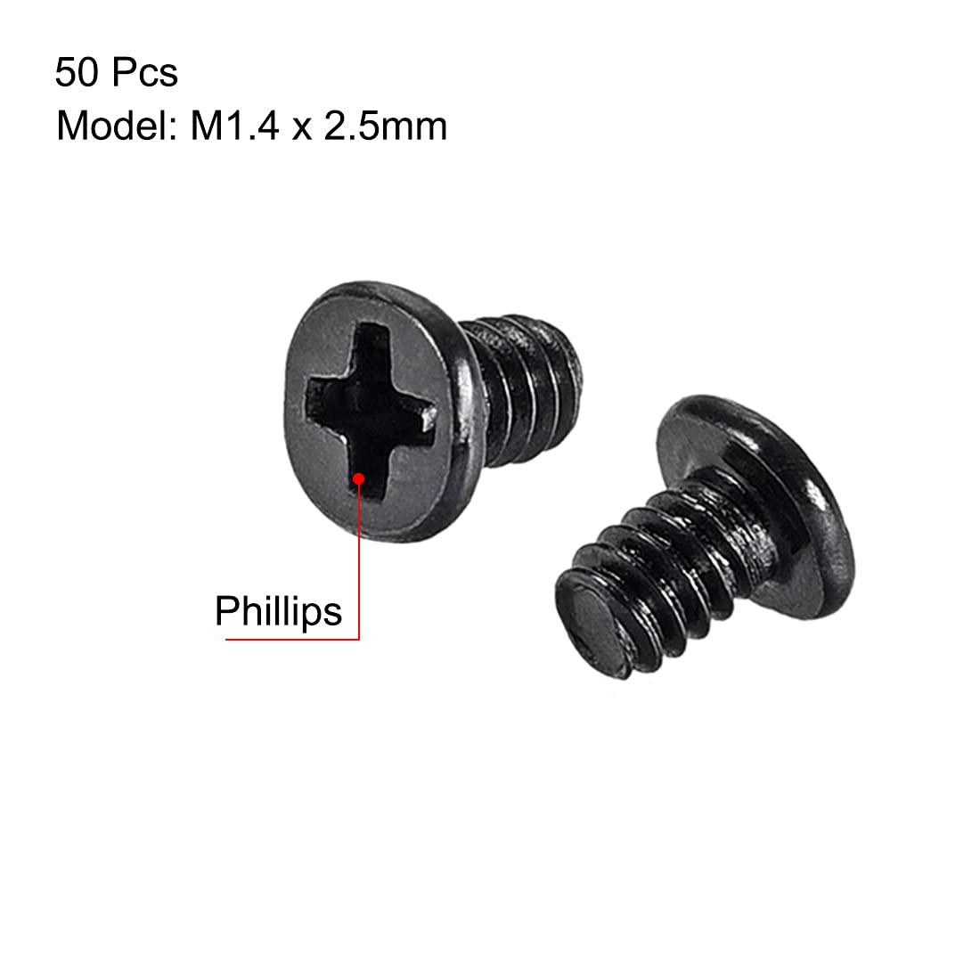 uxcell M1.4x2.5mm Phillips Screw Fastener Black 2.5mm Dia Screw Head for Laptop PC TV Fan Switch 50pcs
