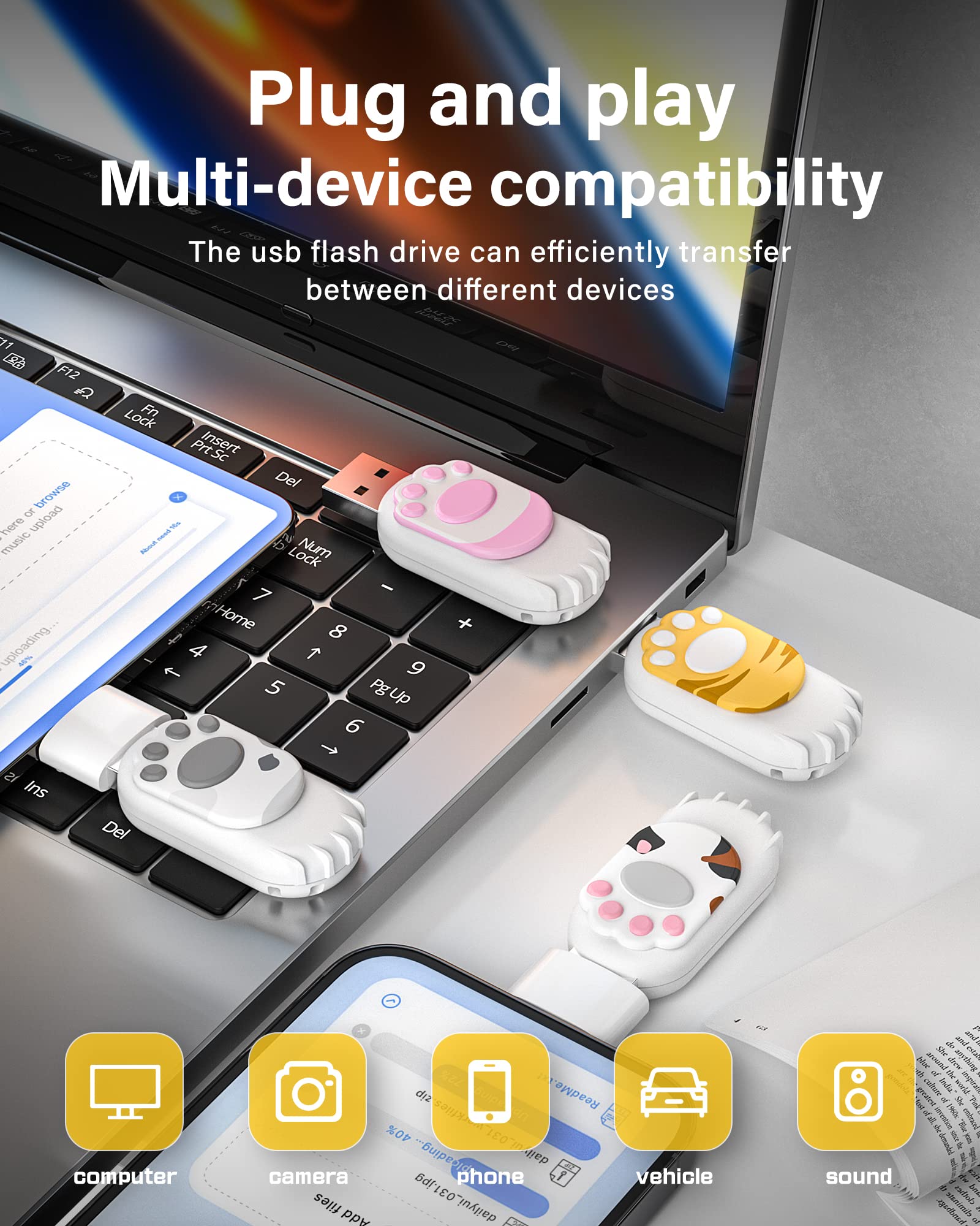 USB Flash Drive 128GB Cat Paw Pink Flash Drives Cute Mini Thumb Drive USB 2.0 Memory Stick Pendrive USB Storage Zip Drive 360°Rotation Spin Jump Drive