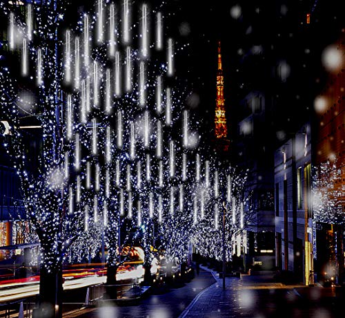 Kwaiffeo Meteor Shower Lights, Christmas Tree Lights Outdoor 12 inch 8 Tube 192 LED Falling Snow Cascading Icicle String Lights for Christmas Decoration Wedding Party Holiday Window Eave, White