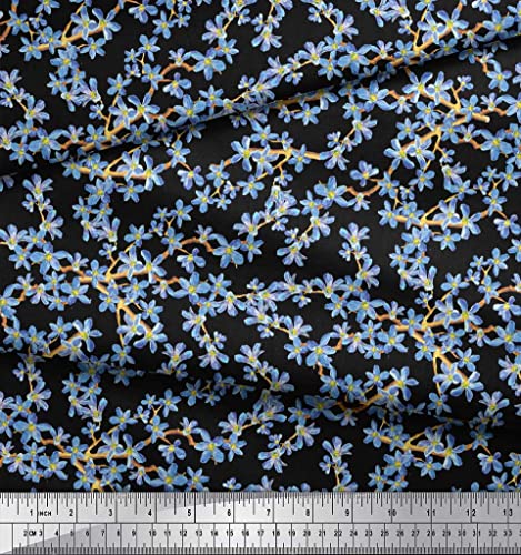 Soimoi Black Cotton Canvas Fabric Forget Me Not Bush Floral Print Fabric by The Yard 58 Inch Wide