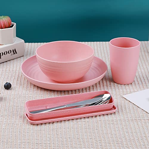 28PCS Kitchen Wheat Streaw Dinnerware Sets, Wheat Straw Plates and Bowls Sets, College Dorm Dinnerware Dishes Set for 4 with Cutlery Set (Beige)