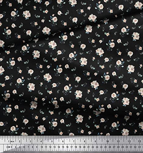 Soimoi Black Cotton Canvas Fabric Leaves & Rose Floral Print Fabric by The Yard 58 Inch Wide