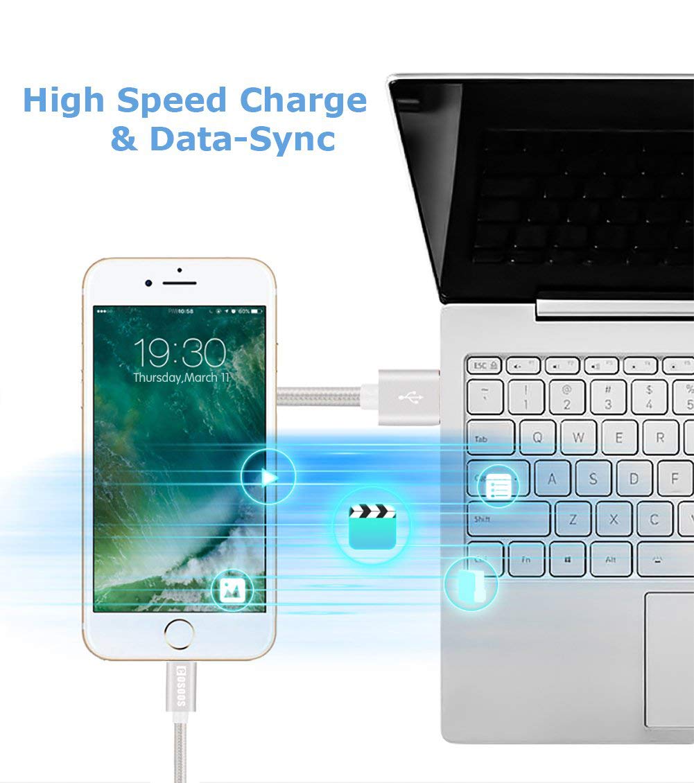 COSOOS 4 Short USB Cable, 4 Pack 9 Inch Nylon Fast Charging and Syncing Cords Compatible for iPhone 12, 12 Pro Max, 11, XS MAX, 8 Plus, 7, 6, iPad Air, Mini, Charging Station, Power Bank.