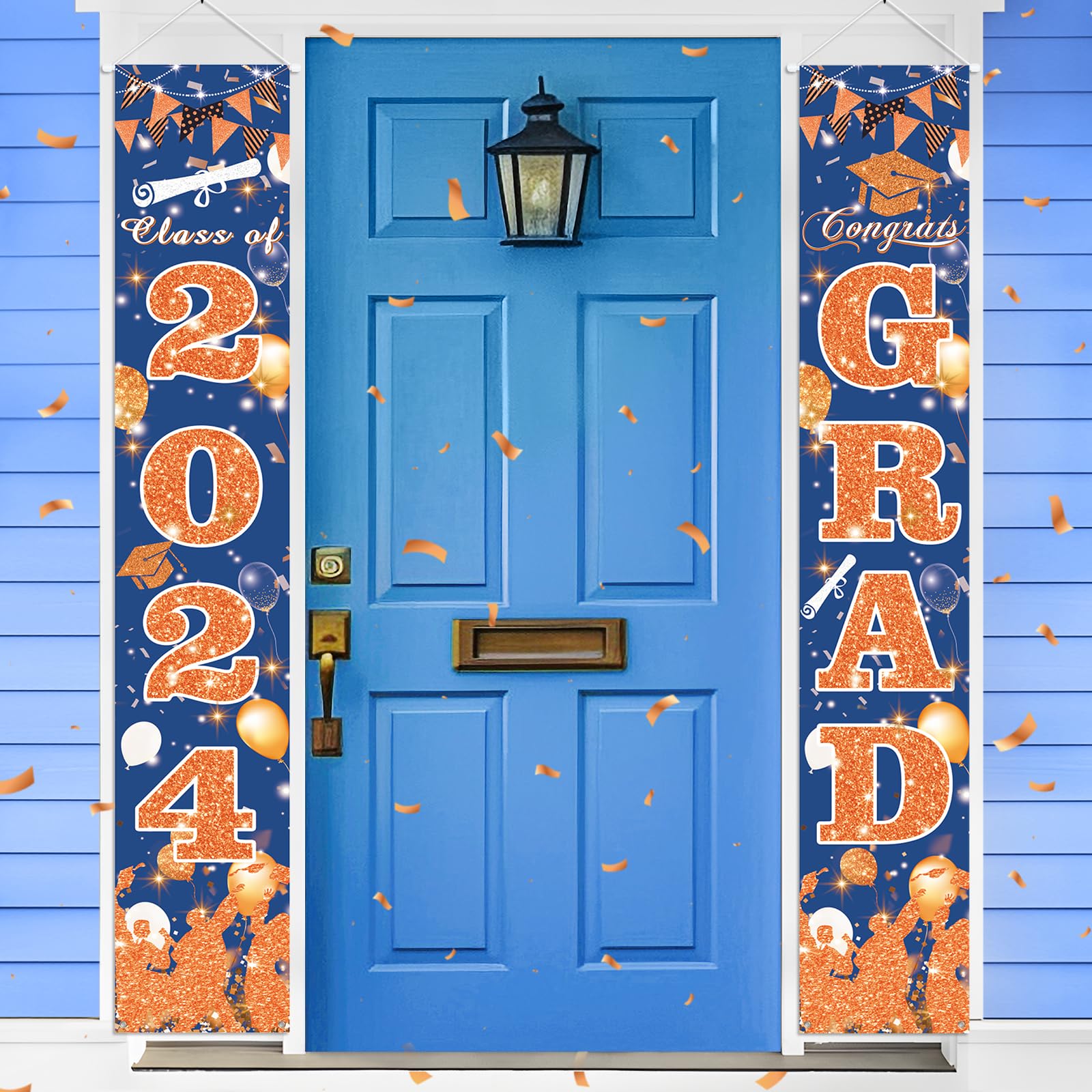 2024 Graduation Porch Door Decorations Orange Blue Class of 2024 Congrats Grad Porch Sign Banner, Orange Blue Graduation Decorations Porch Sign Banner for 2024 Graduation Party Supplies 70.8*11.8 inch