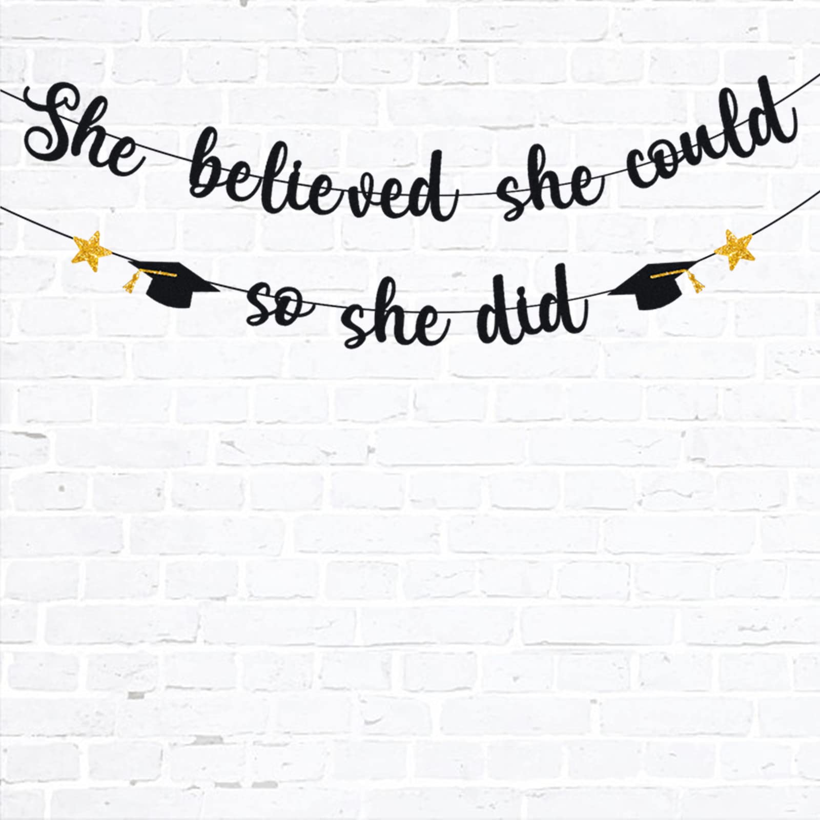 2024 Graduation Banner, Glittery She Believed She Could So She Did Banner Garland Photo Props Banner for Party Home Classroom Decorations⦠(Black)