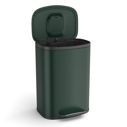 13 Gallon Stainless Steel Foot Pedal Large Trash Can with Soft Close Quiet Curved Surface Top Lid and Deodorant Storage Space, with 30 Garbage Bags for Kitchen/Home/Office Trash can and More - Green