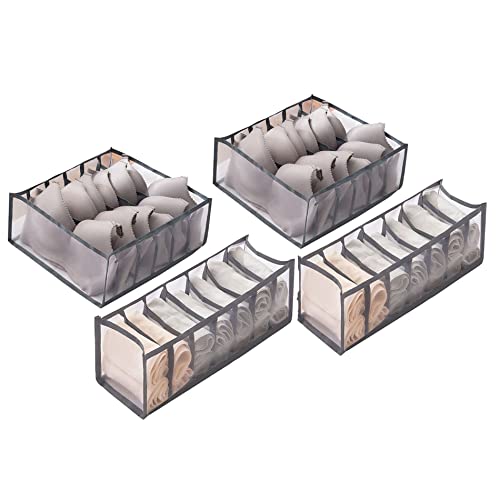 4 Pcs Sock Underwear Drawer Organizer Dividers, Underpants Closet, Nylon Foldable Dresser Storage organization, Storage Bins Basket Organizers for Bras Socks Underpants Panties and Ties Grey