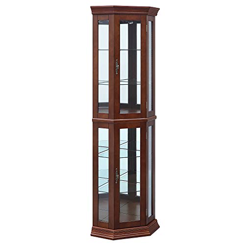 BELLEZE Lighted Wooden Corner Display Curio Cabinet, Two Section Shelving Unit with Tempered Glass Door, Bar and Liquor Storage Area with 6 Shelves - Lorona (Walnut)