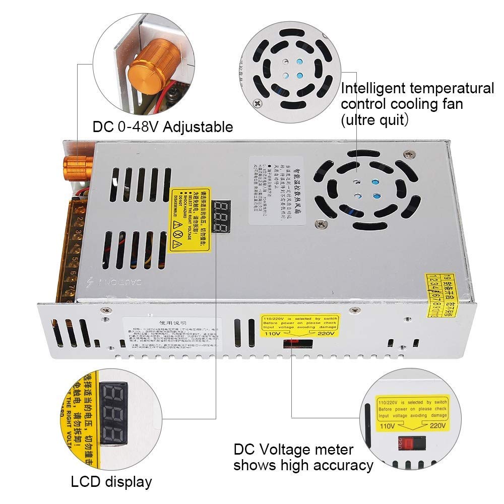Adjustable DC Power Voltage Converter AC 110V-220V to DC 0-48V 10A Module Switching Power Supply Digital Display 480W Voltage Regulator Transformer Built in Cooling Fan