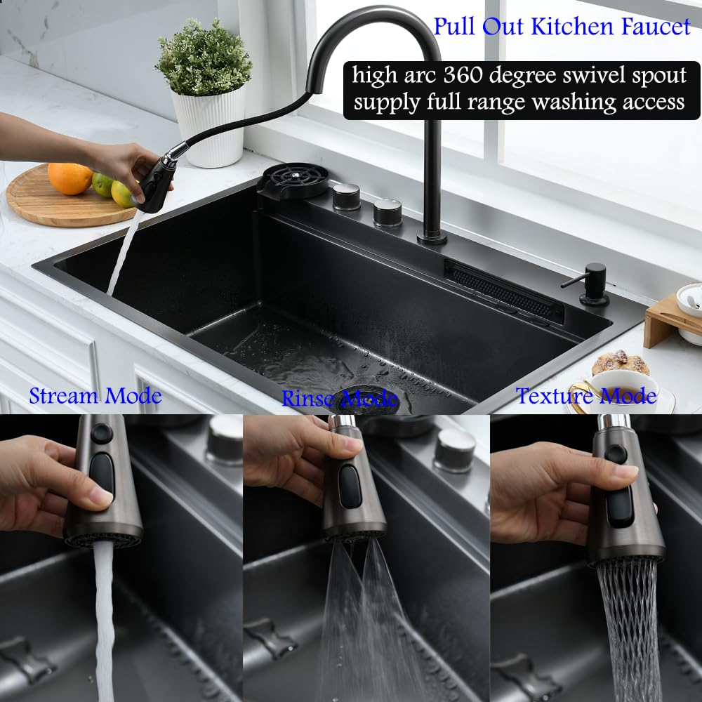 33 Inch Waterfall Drop In Kitchen Sink with Faucet Combo-Bokaiya 33x22 Waterfall Kitchen Sink Smart Workstation Sink 16 Gauge Multifunctional Single Bowl Stainless Steel Kitchen Sink with Faucet