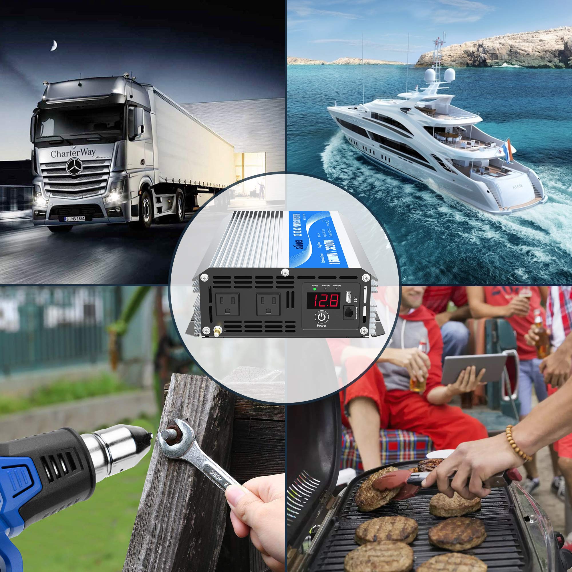 1600Watt Power Inverter Modified Wave DC 12volt to AC 120volt with Remote Control & LED Display and 2.4A USB Port for Trucks Boats RV & Emergency