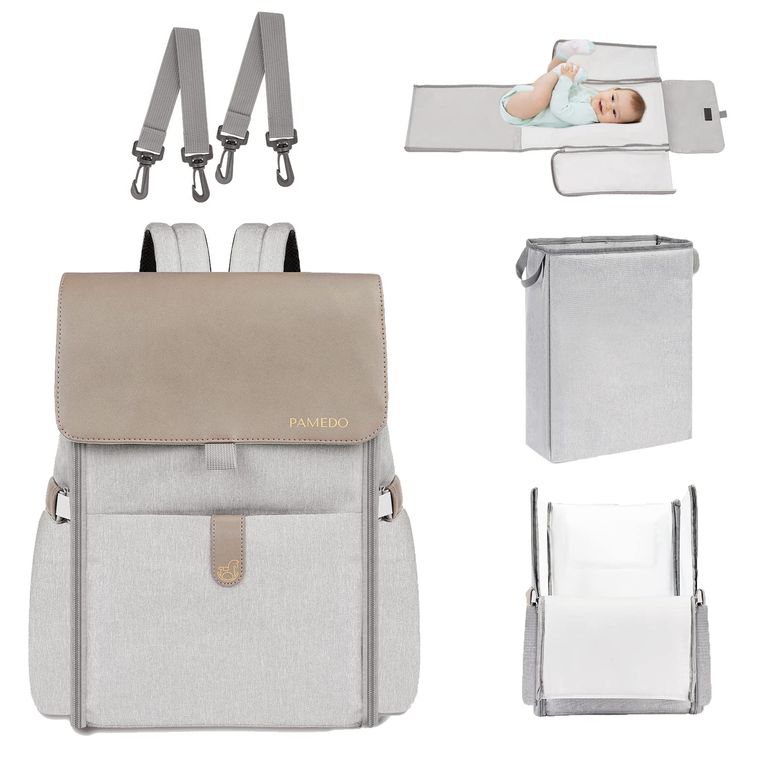 3 in 1 Diaper Bag with Changing Pad Station and Diaper Bag Tote – Pamedo Large Multifunction Travel Backpack- Waterproof Diaper Backpack- Unisex Newborn Gift Ideas Baby Bags, Grey, (PMD01)