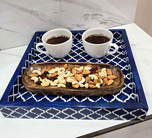 A Bone Exotic Designer Handmade Tray Kitchen Usage Coffee Table Top Drinks Serve Trays Vintage Square Blue Tray,12X12, Blue & White