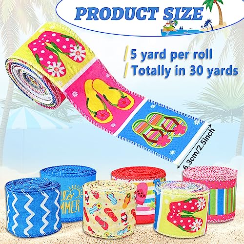 6 Rolls 30 Yards Summer Wired Ribbon Flip Flop Waves Polka Dot Stripe Fabric Decorative Ribbon Summer Themed Burlap Ribbons for Summer Wreath Bow DIY Craft