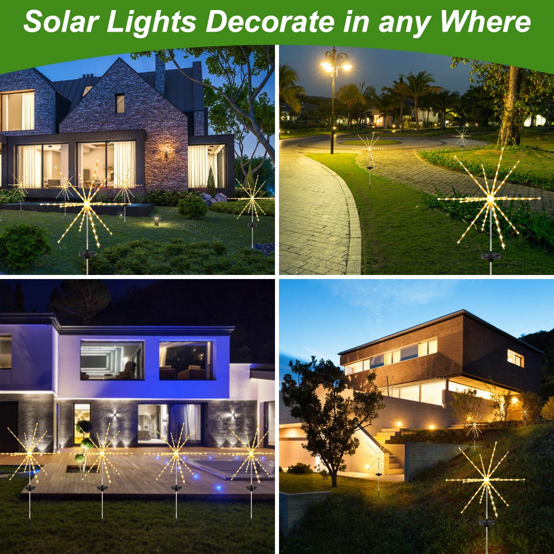 2 Pack Outdoor Home Decor Solar Powered Flowers Firework Lights with Remote Waterproof DIY 14 Copper Wire Dimmable Auto ON-Off 112 LED Lights for Garden Patio Yard Pathway Lawn Party (2, Warm White)
