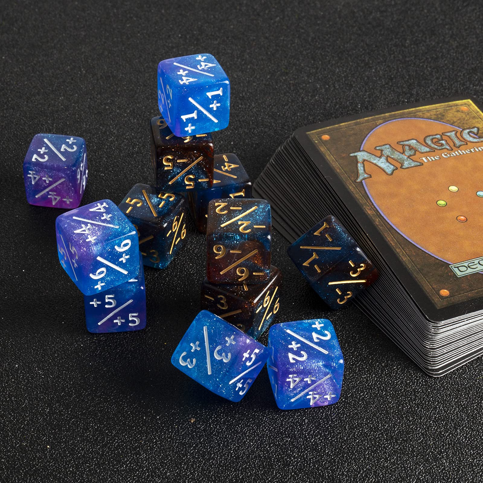 48 PCS Magic The Gathering Token Dice Counters Marble Cube D6 Dice Glitter Sparkle Starry Sky Dice for CCG Creature Stats Card Gaming MTG Accessory (2-Color Mixed)